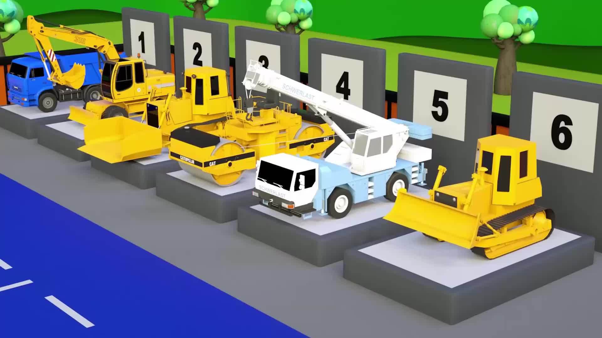 挖掘机、工程车、压路机等车辆表演,认识数字,儿童早教启蒙动画