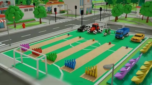 趣味早教:卡通汽车换上足球轮胎撞击保龄球动画 学颜色