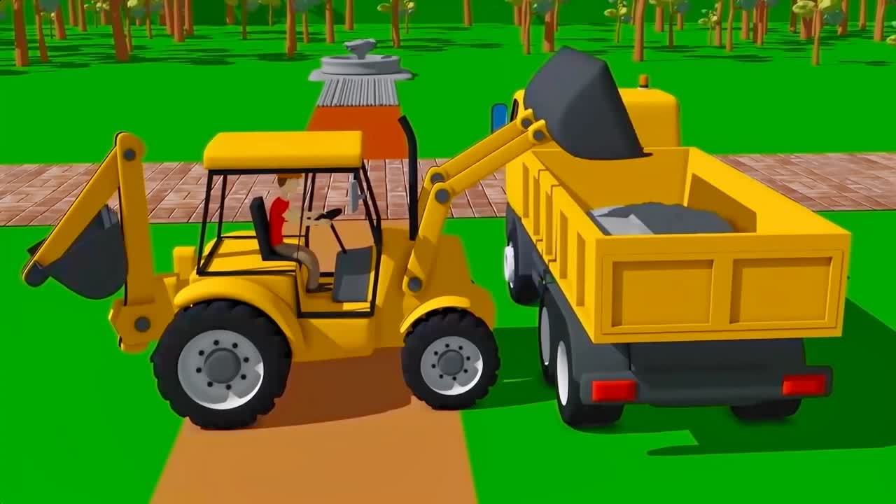 挖掘机、工程车维修损坏的喷泉,工程车表演,儿童早教益智动画