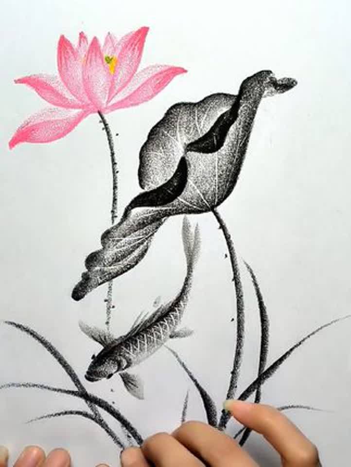 简单画荷塘锦鲤#一起学画画 #一学就会系列