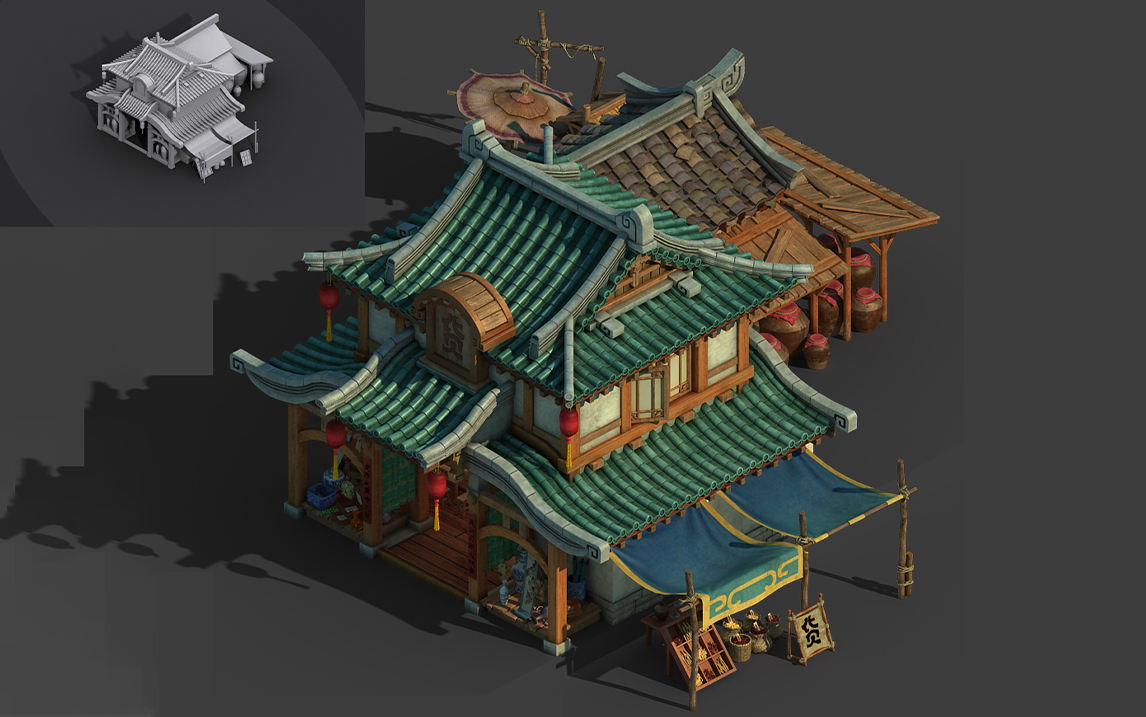 ...新手场景建模案例教学,从房屋瓦片开始布线 搭建古风杂货铺模型建筑