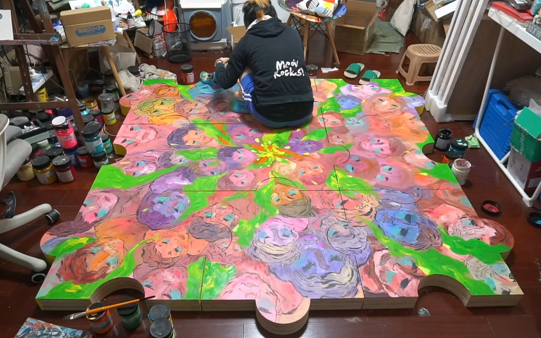 【绘画过程】180x180cm 拼图木板画《盛开的绿腮人体花》