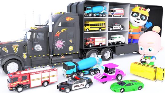 巨型大卡车熊猫教你认汽车 消防车校车警车罐车都在里边 早教动画