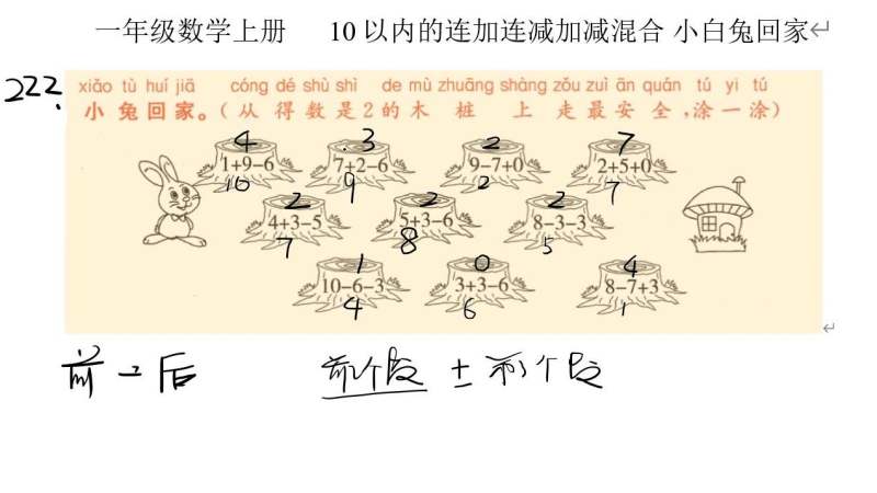 人教版一年级数学上册10以内连加连减加减混合小兔回家