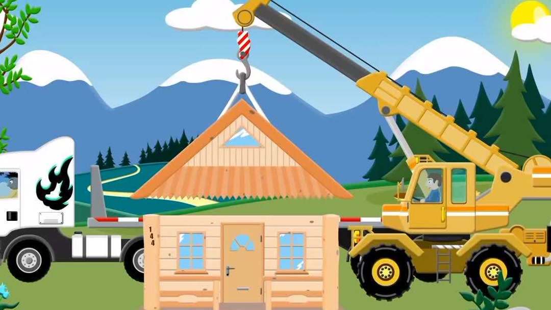 工程车玩具动画 第166集 挖土车搅拌车吊车搭建房子