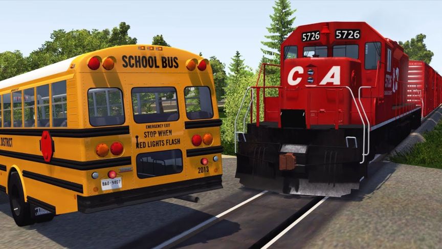 BeamNG:动力火车开足马力冲向卡在铁轨上的校车,撞车画面够酸爽