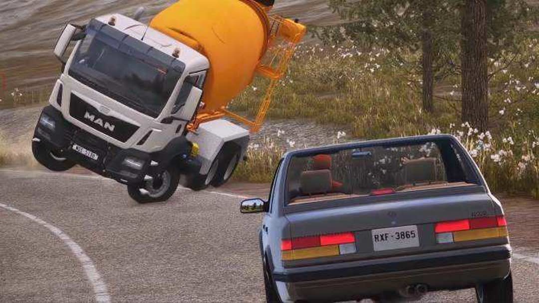 (老司机草率超车)35吨混凝土搅拌车失控侧翻冲向小轿车,BeamNG