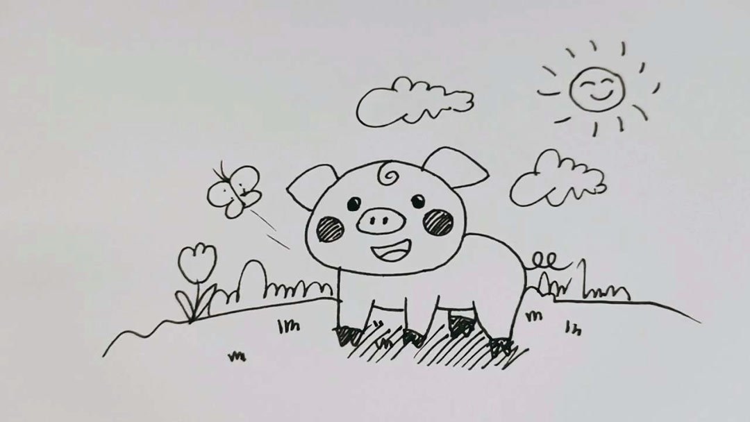 简笔画益智教育 卡通简笔画 小猪和蝴蝶的卡通形象