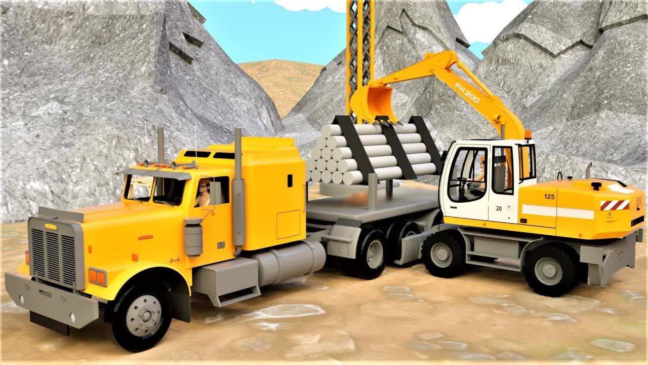 挖掘机和工程车运输材料,修建等车亭,工程车表演视频动画