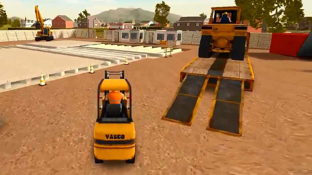 挖掘机动画 大拖车运载叉车装载机到工地工作表演