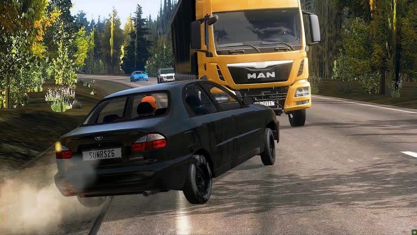 惨烈的撞车事故重现,轿车超车时ABS失灵迎头冲向大卡车,BeamNG