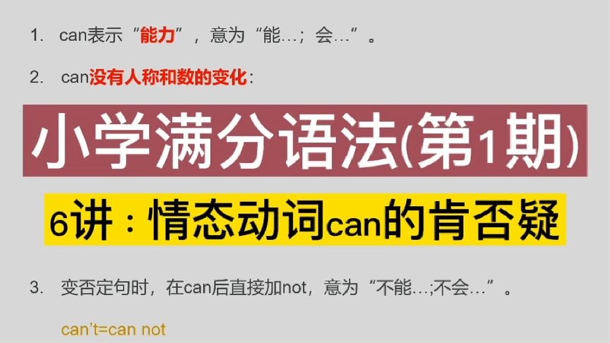 小学英语语法 第6讲:情态动词can的肯否疑