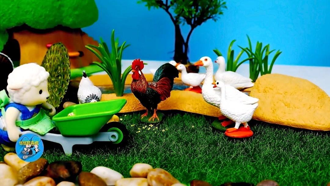农场动物玩具,鸡鸭鹅大马小猪猪山羊绿色小推车农场四轮拖车玩具