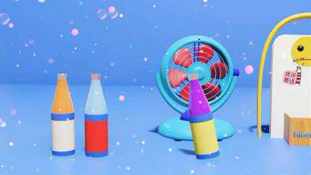 小学英语动画记单词,风扇吹出汽水的商标,把它放入正确的盒子里