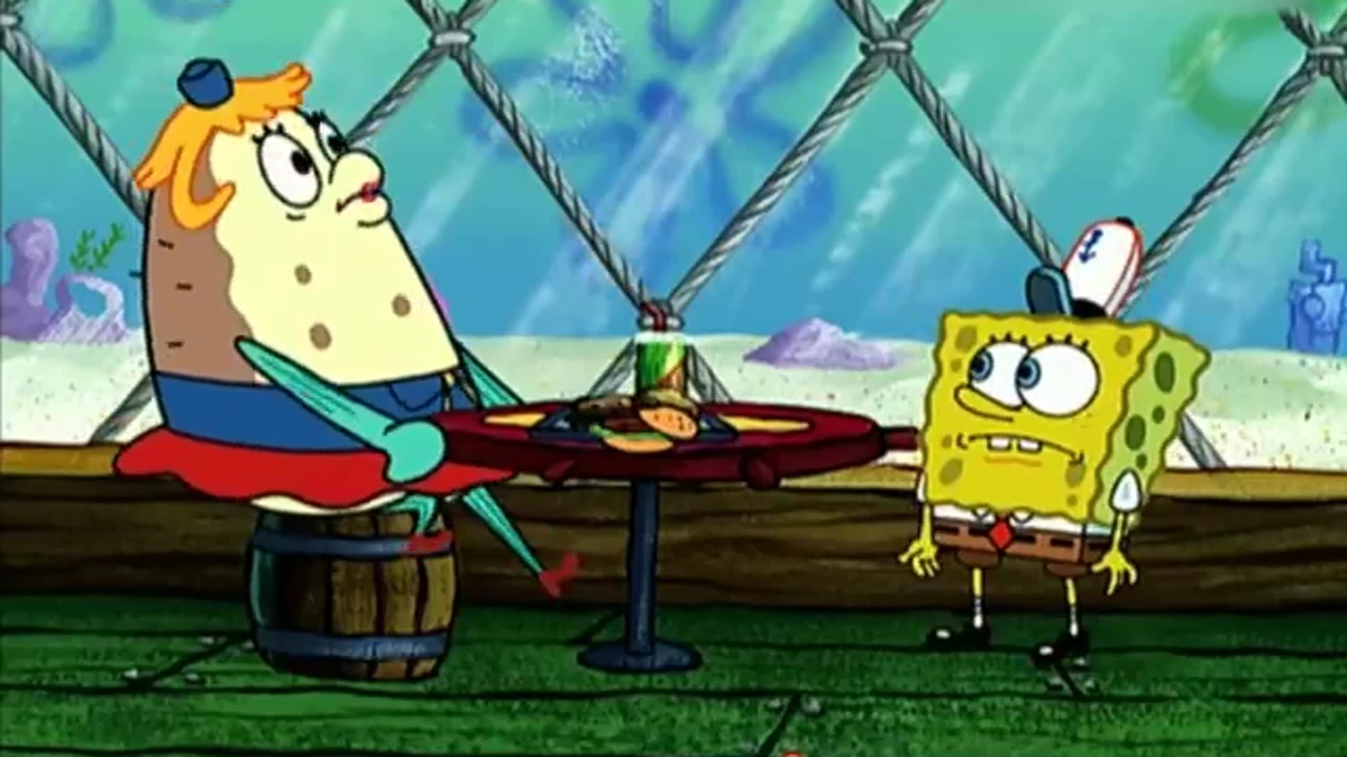 泡芙老师来到海绵宝宝的餐厅,海绵宝宝介绍蟹老板给泡芙老师认识