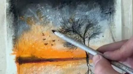 几只油画棒、一只手、一幅美丽风景画
