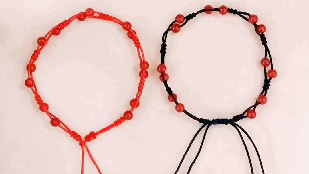 穿珠子红绳手链脚链编法完整视频蛇结平结教程