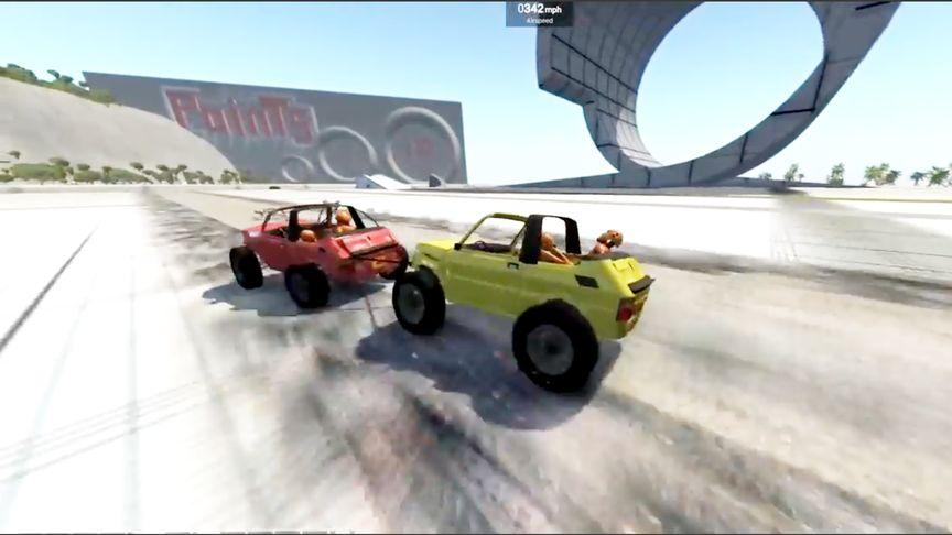 BeamNG:第一人称视角体验导弹拉着汽车高空飞行,撞向尖刺墙