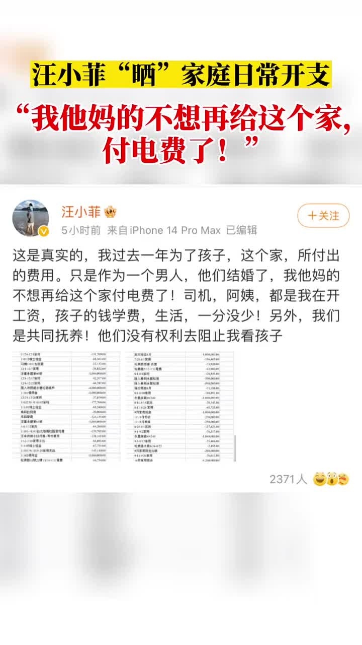 汪小菲“晒”家庭日常开支:我他妈的不想再给这个家付电费了!