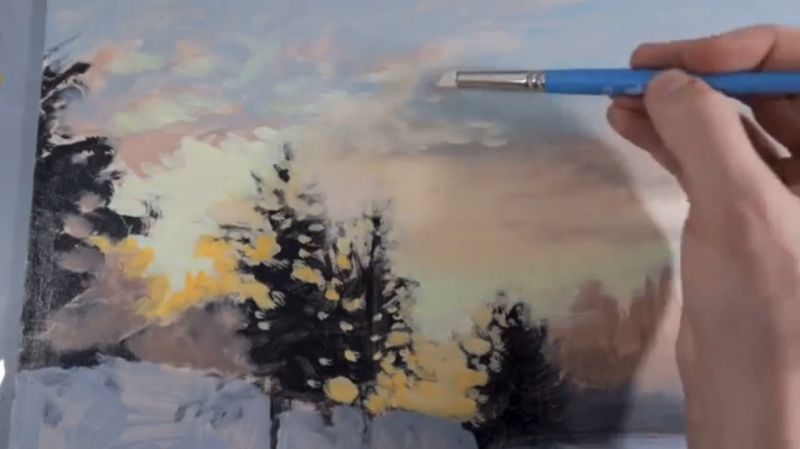 画家笔下夕阳下的雪景 光是看调色过程就很舒服了