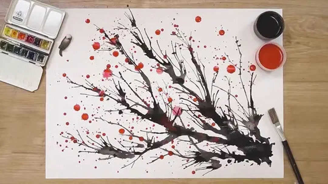一个简单的绘画技巧,用吸管画一颗樱桃树!