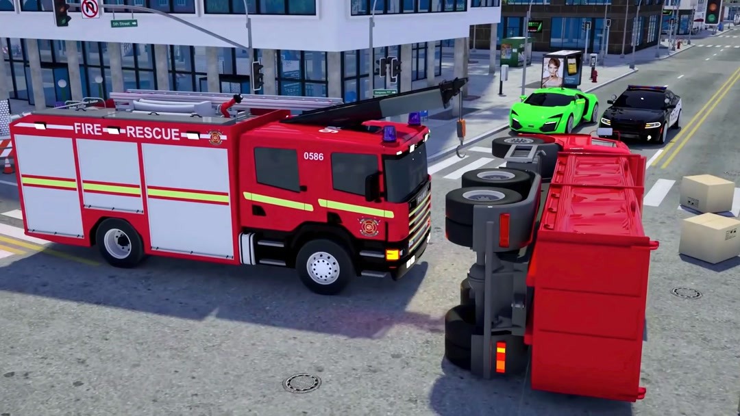 工程车卡通,吊车消防车救援翻斗车