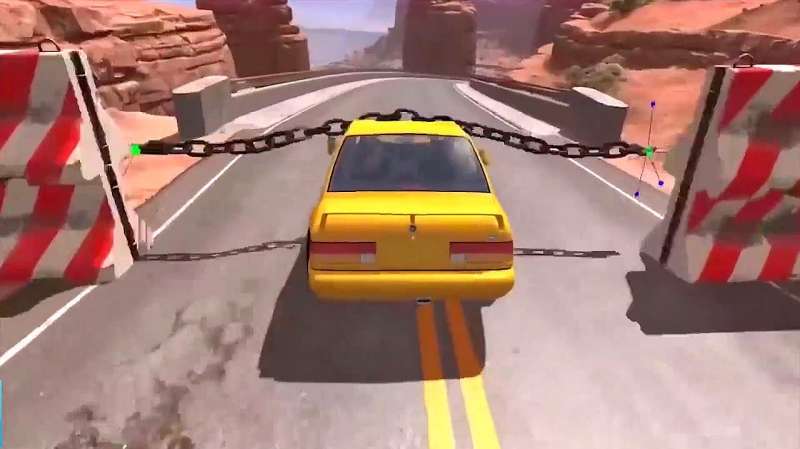 BeamNG-越野车开足马力冲向阻挡马路的铁链-模拟真实车祸