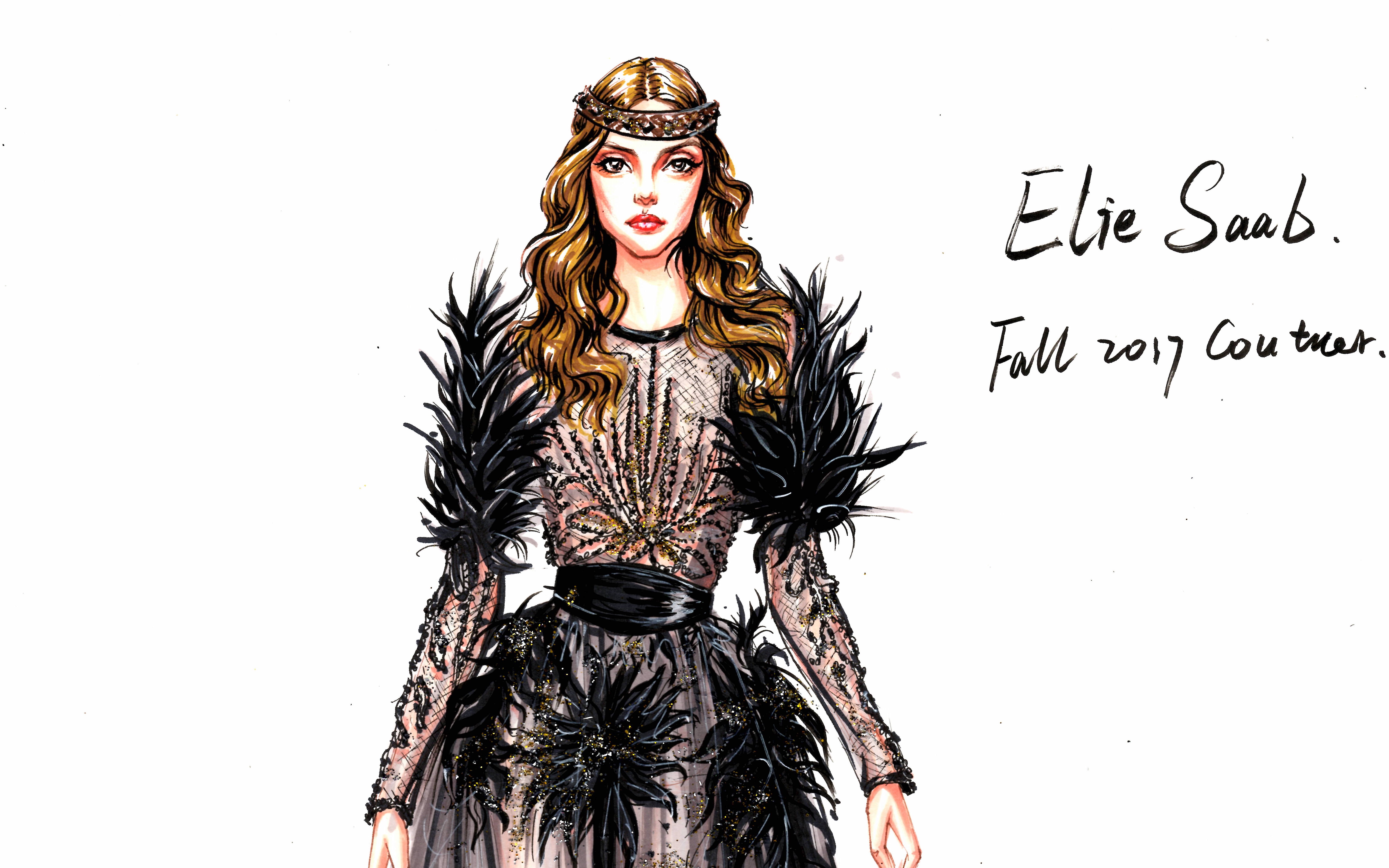服装设计稿马克笔手绘教程 ElieSaab黑色礼服