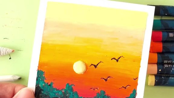 【油画棒】新手看了也说简单的夕阳小画#画画 #绘画 #油画棒