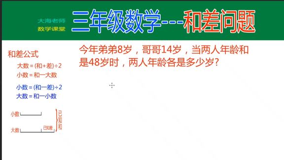 小学三年级数学微课堂,小学奥数知识点,和差问题例题讲解(三)