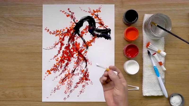 4分学画装饰画 只需棉签和牙刷一棵漂亮的樱桃树就画好了