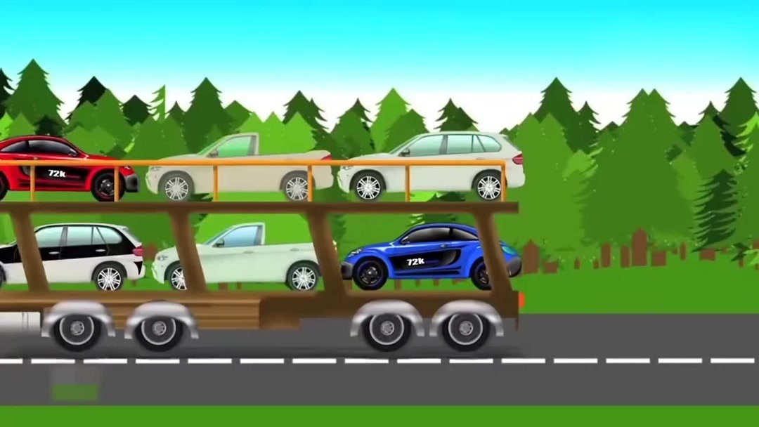 197大卡车运送好多的小汽车,还有翻斗车,亲子动画