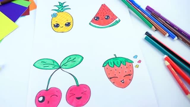 四种水果的绘制和着色教程,又萌又简单,最适合孩子学习辨色