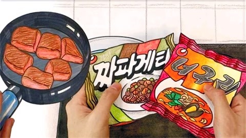 创意手绘定格动画,停止烹饪韩式牛肉炸酱面,美味哦!