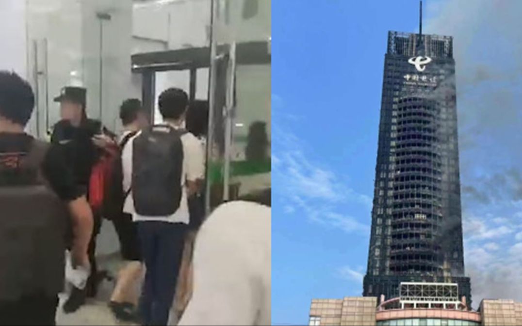 长沙电信大楼起火!楼顶俯视浓烟密布,安保紧急有序疏散人员