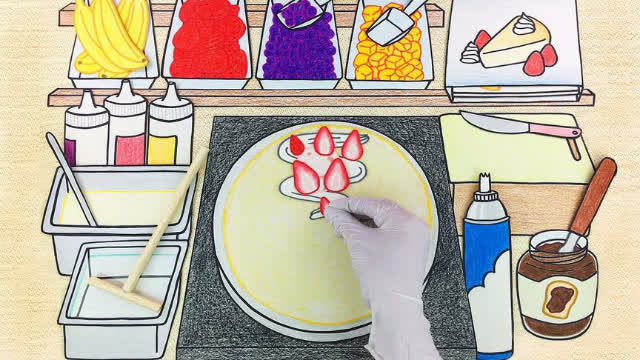 手绘定格动画,美味的煎饼冰淇淋制作过程,有趣极了