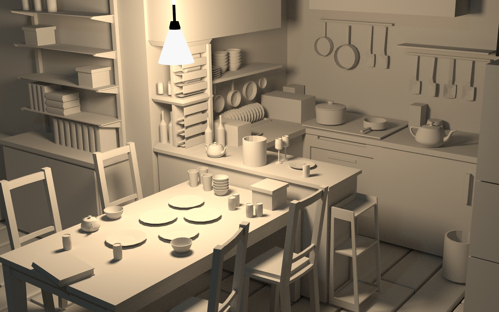 3DMAX室内场景建模——餐厅开敞厨房门厅模型灯光全流程,次世代...