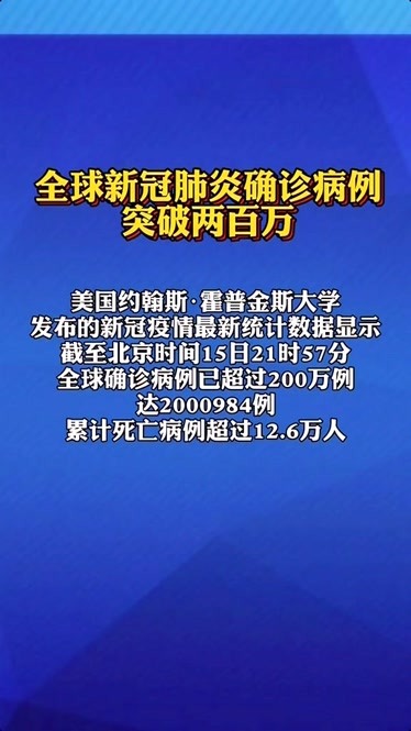最新统计数据:全球新冠肺炎确诊病例突破两百万