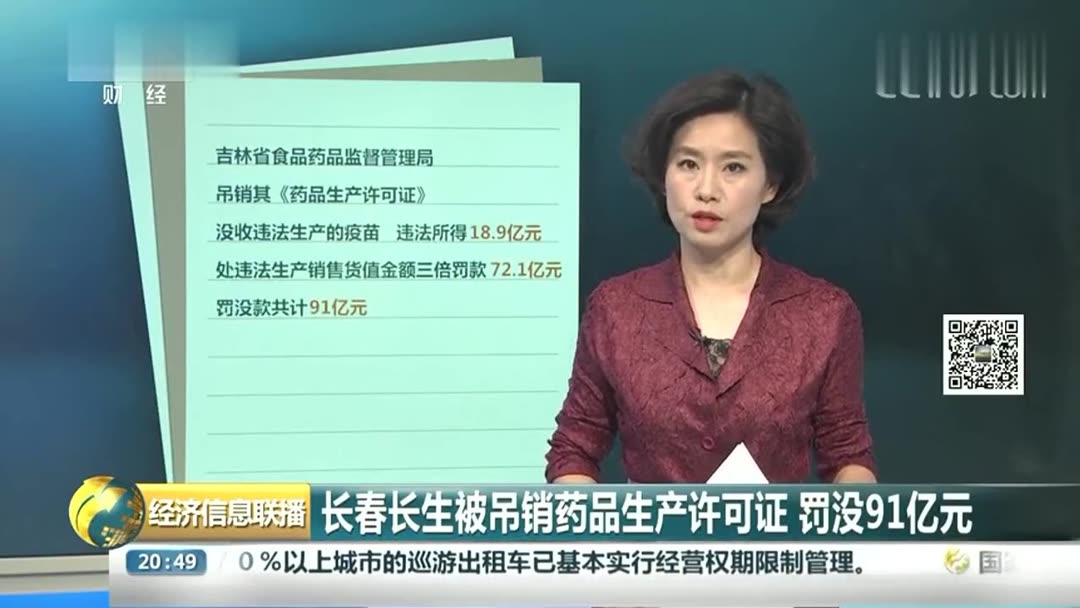 长春长生罚没91亿元被吊销药品生产许可证