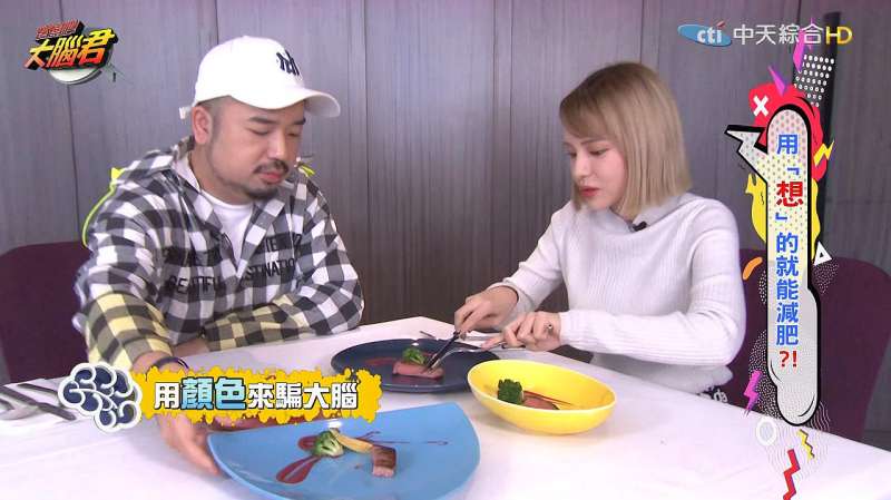 美女品尝不同颜色盘子里面的食物,并且依次排好了顺序!