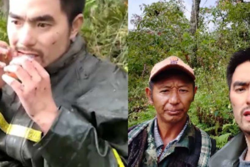 甘宇获救画面曝光!坐草地上拿着吃的,与救他的村民对话