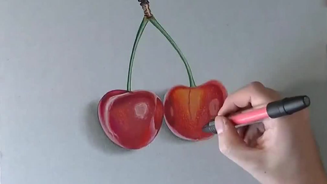 超逼真3D写实樱桃写实绘画教程 彩色铅笔画视频教程教学