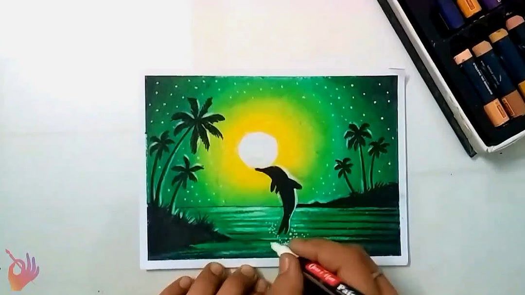 如何使用油画棒逐步绘制风景绿灯绘画过程技巧教程