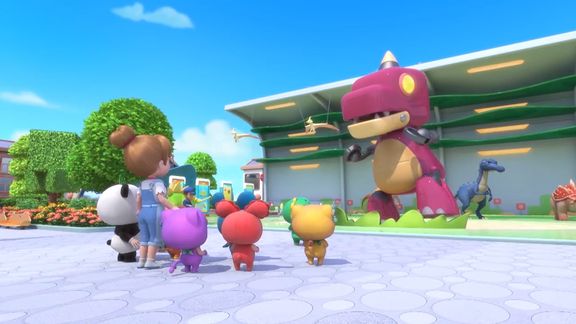 百变校巴:大家来到恐龙乐园,看到了机械恐龙,没想到还会动