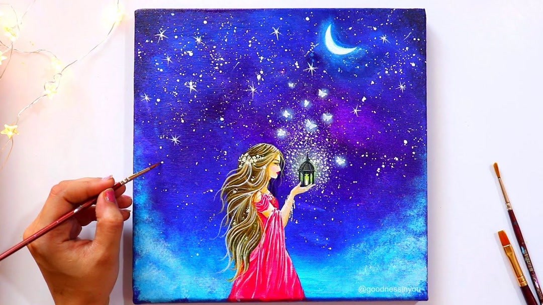 用丙烯颜料画月光下的女孩,成品非常漂亮,超详细绘画教程