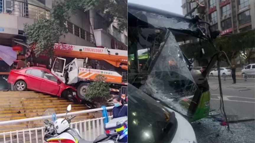 重庆九龙坡:吊车下坡刹车失灵失控驶上人行道 致1人死亡7车受损