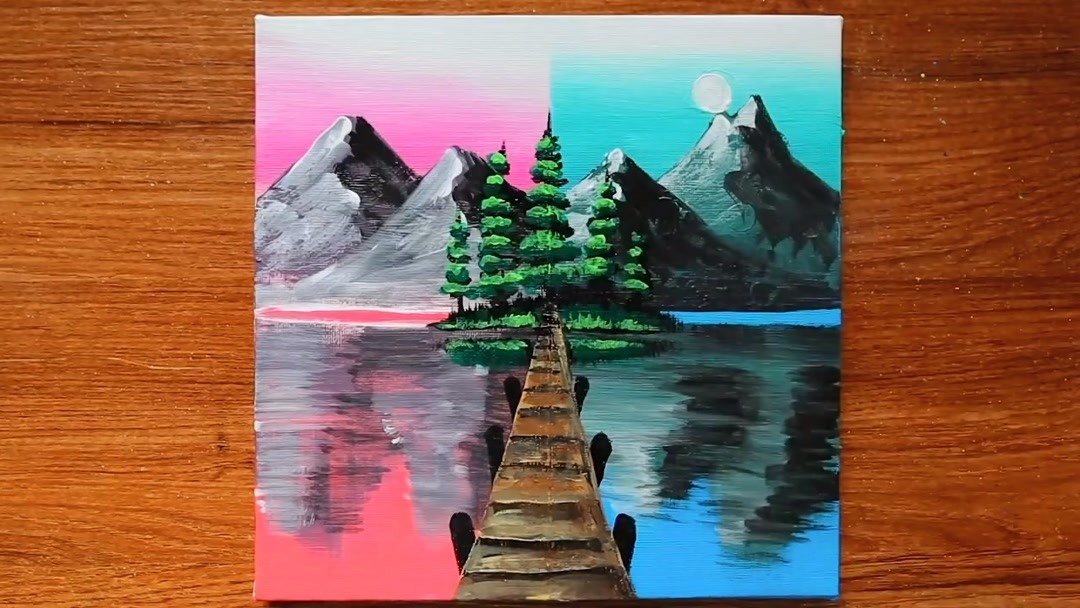 手工绘画-漂亮的彩色木桥风景画