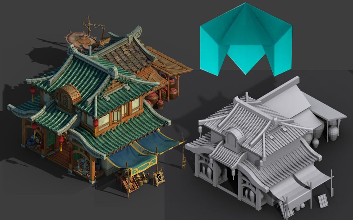 【3dmax场景建模】古风游戏建筑模型制作,3dmax房屋建模布线详细...