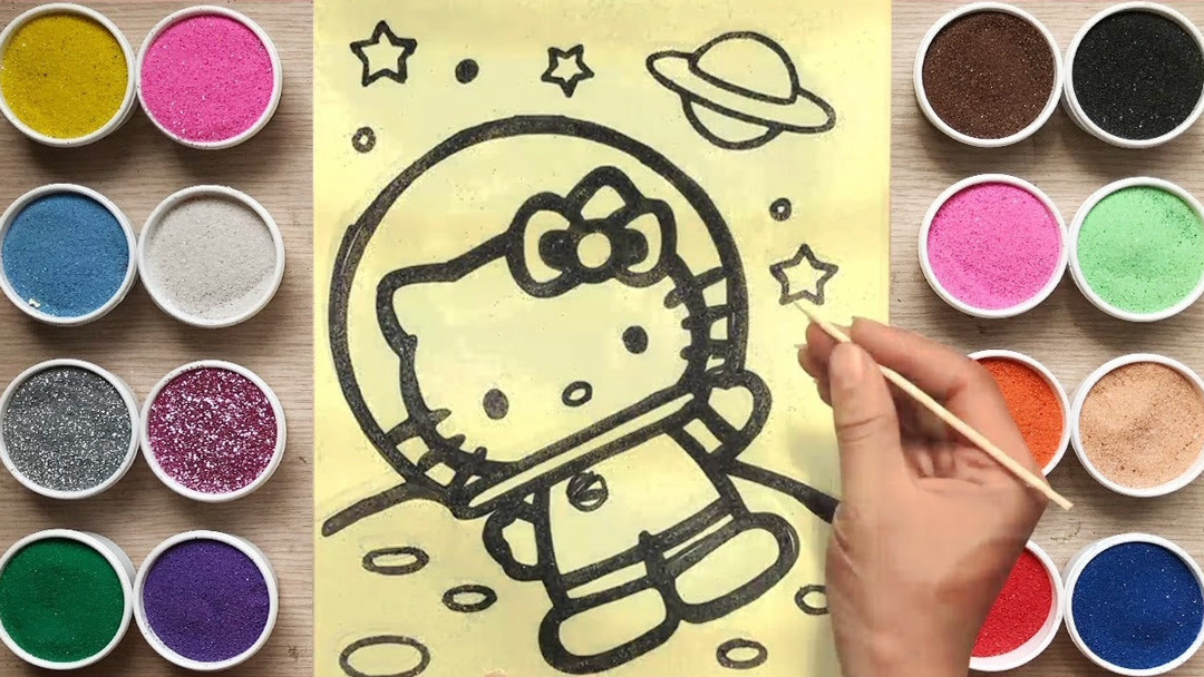 简笔画:DIY沙画Hello Kitty宇航员,小小宇航员起飞!
