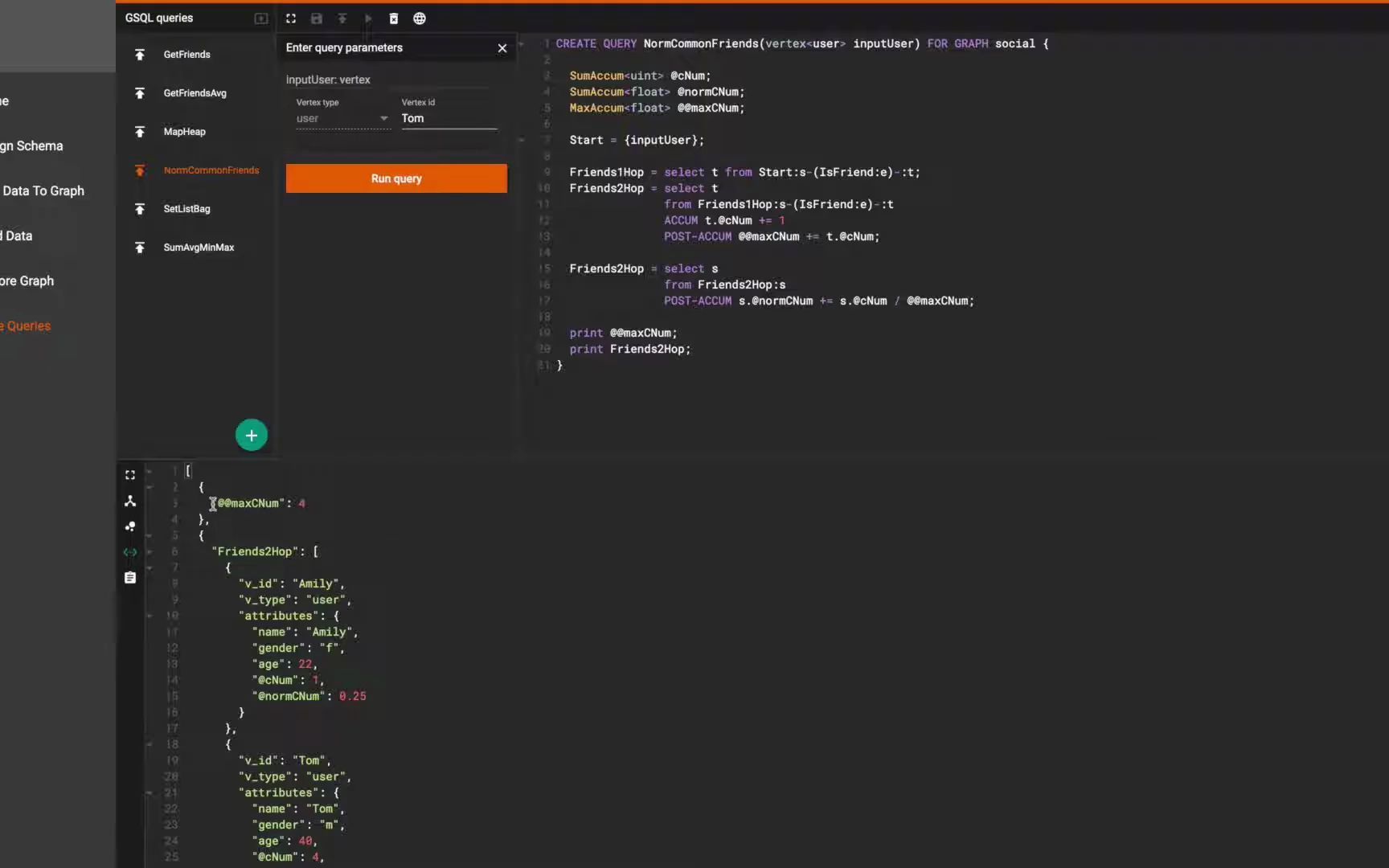 图数据库查询语言GSQL基础入门:4.2 POST-ACCUM 演示